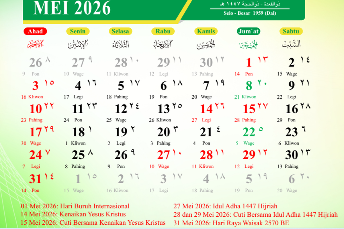 Daftar libur Mei 2026 lengkap: 3 long weekend siap dimanfaatkan, yuk ...