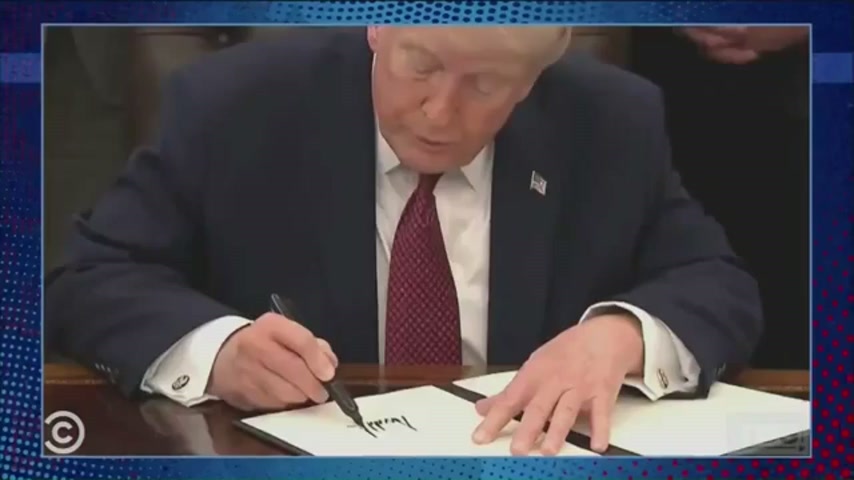 Jon Stewart mocks Donald Trump’s infamous signature