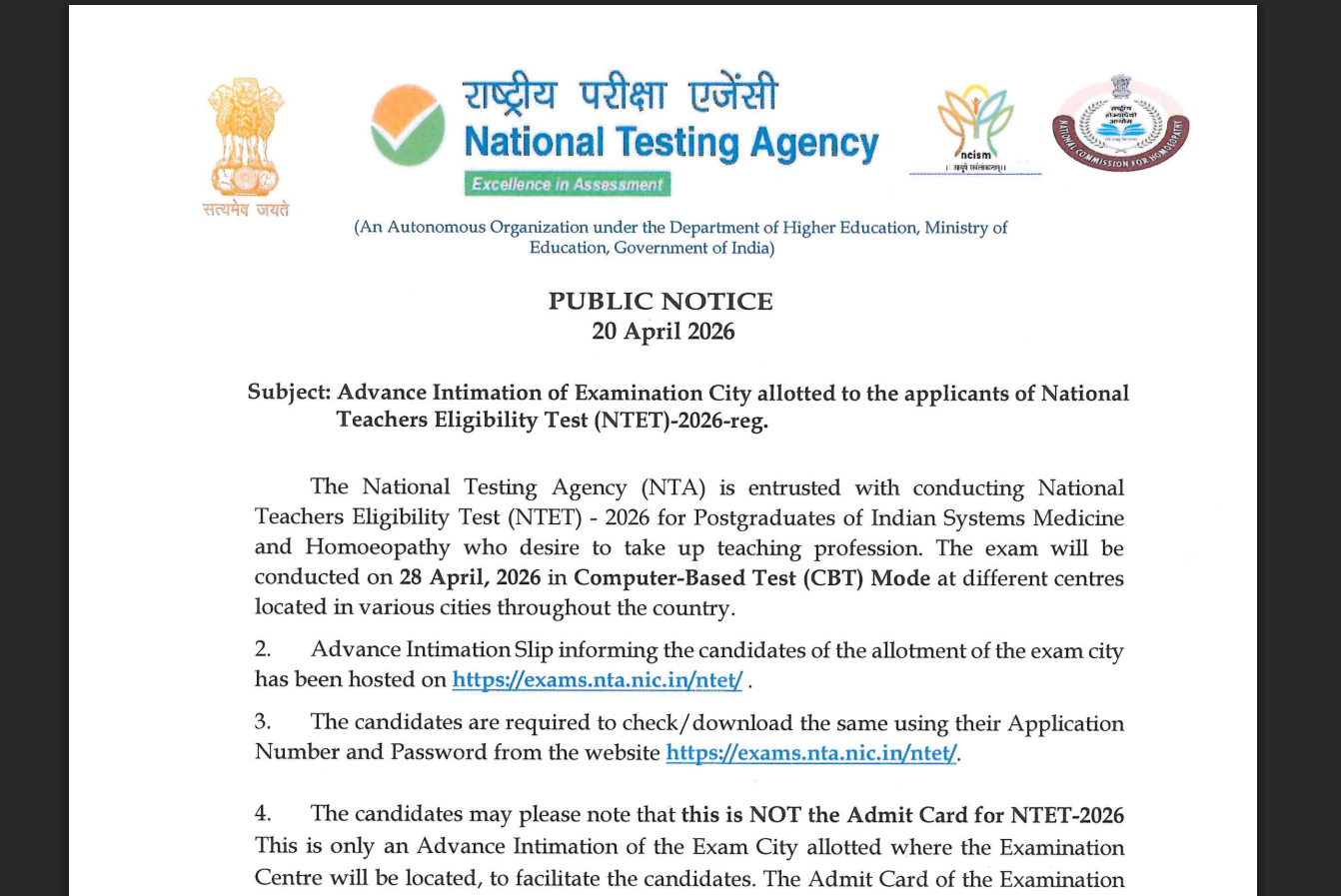 NTA NTET city intimation slip 2026 released at nta.ac.in: Direct link ...