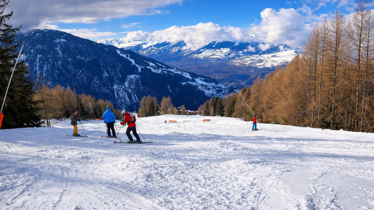 Esquiando com vistas alpinas em Les Arcs, França (4K)