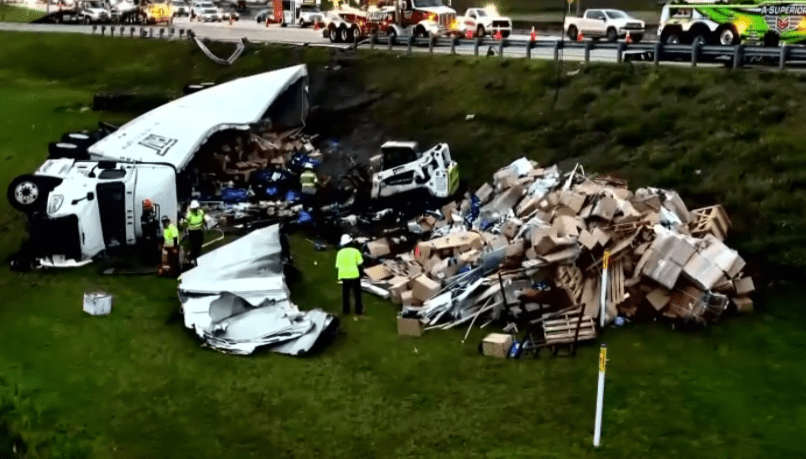 Truck rollover crash blocks lanes on Florida's Turnpike north in Broward