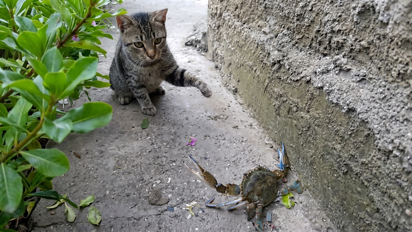 Watch this crab have a standoff with a cat