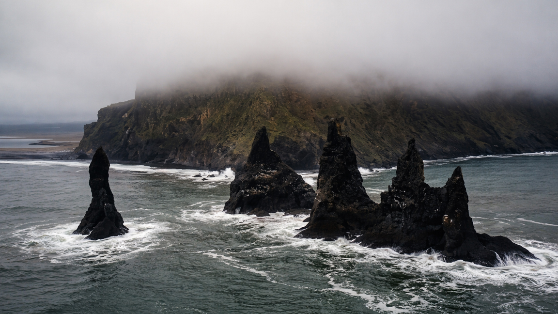 Acantilados costeros misteriosos y farallones marinos con niebla