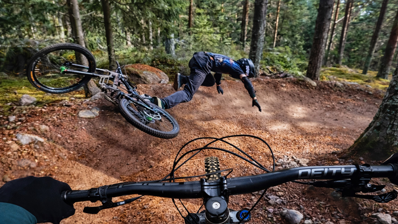Unexpected mountain bike fall while riding downhill trails