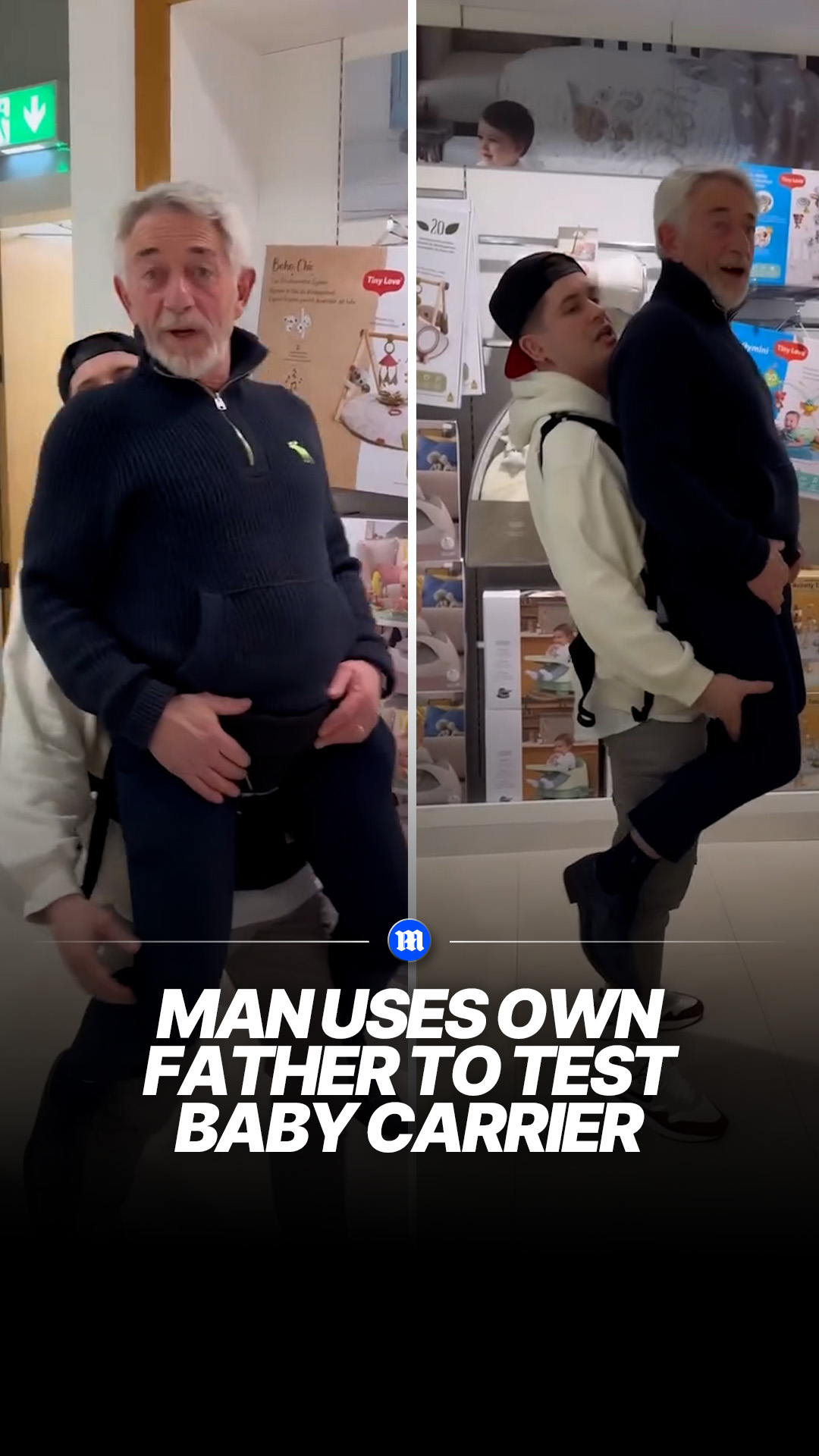 Man tests baby carrier using his father in humorous moment