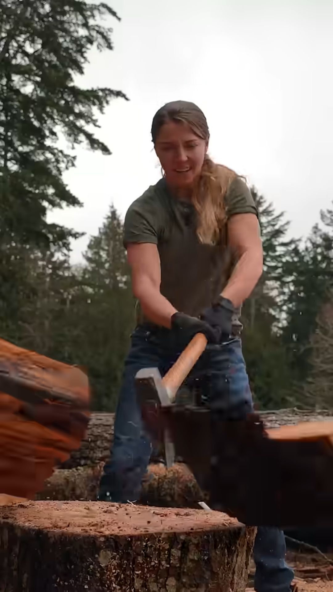 Chopping that log until it cracks!