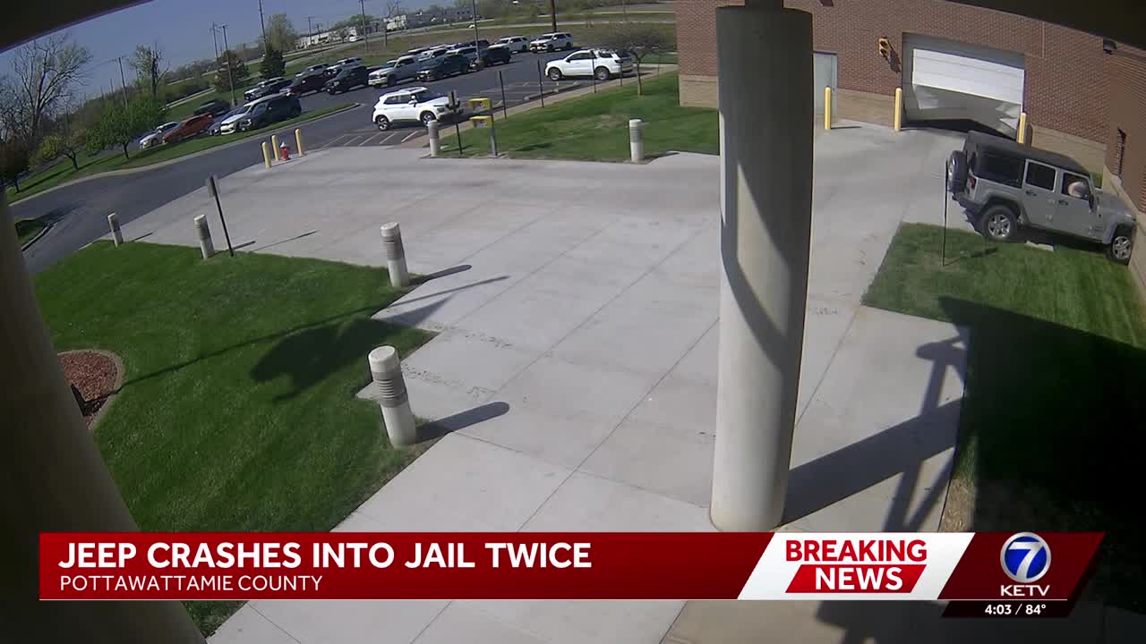 Surveillance video shows man crashing into Pottawattamie County Jail twice
