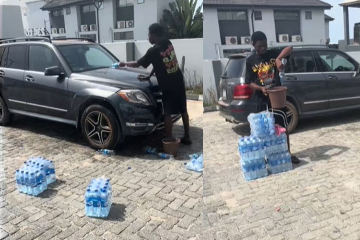 Man captured washing his car with packs of bottled water – watch