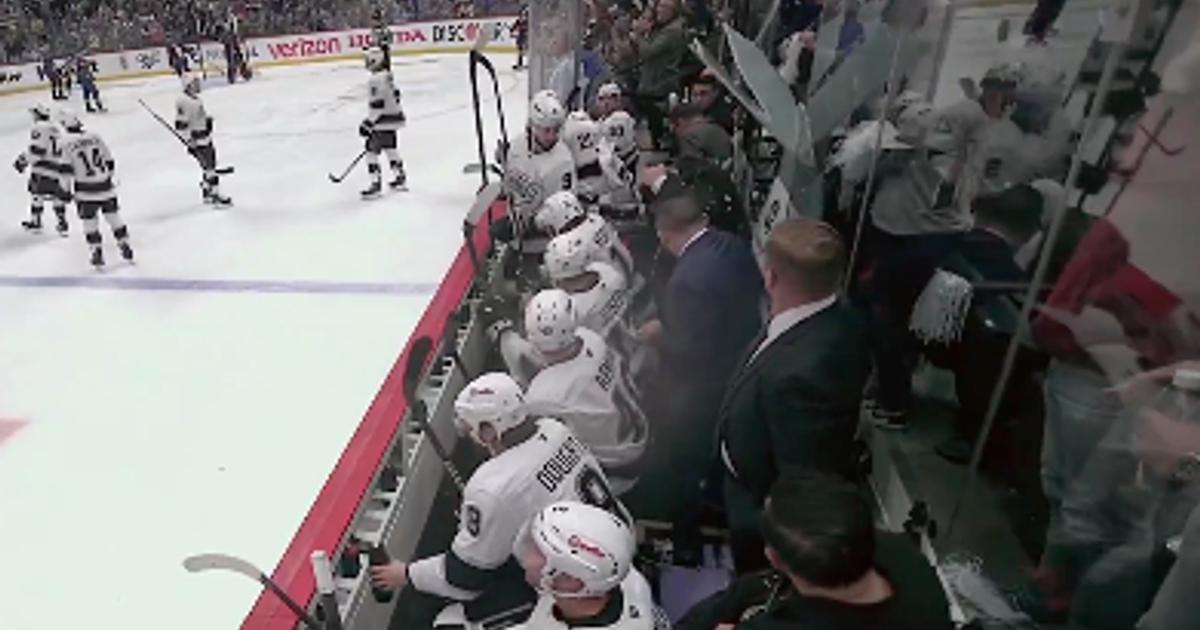 Avs fans celebrate too hard and break the glass behind Kings bench