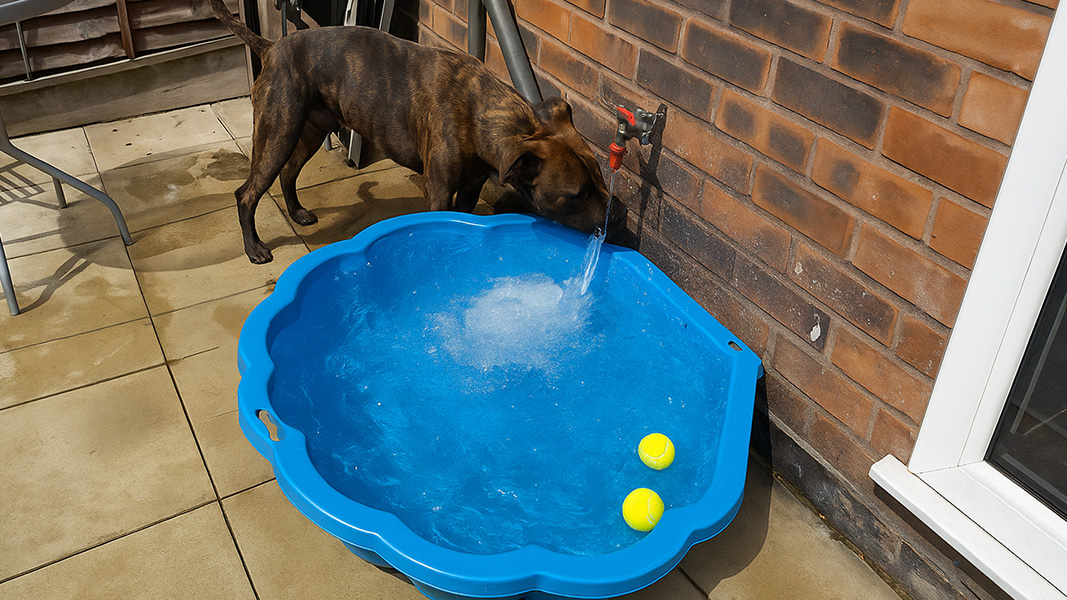 Hond kijkt naar water dat het bad vult