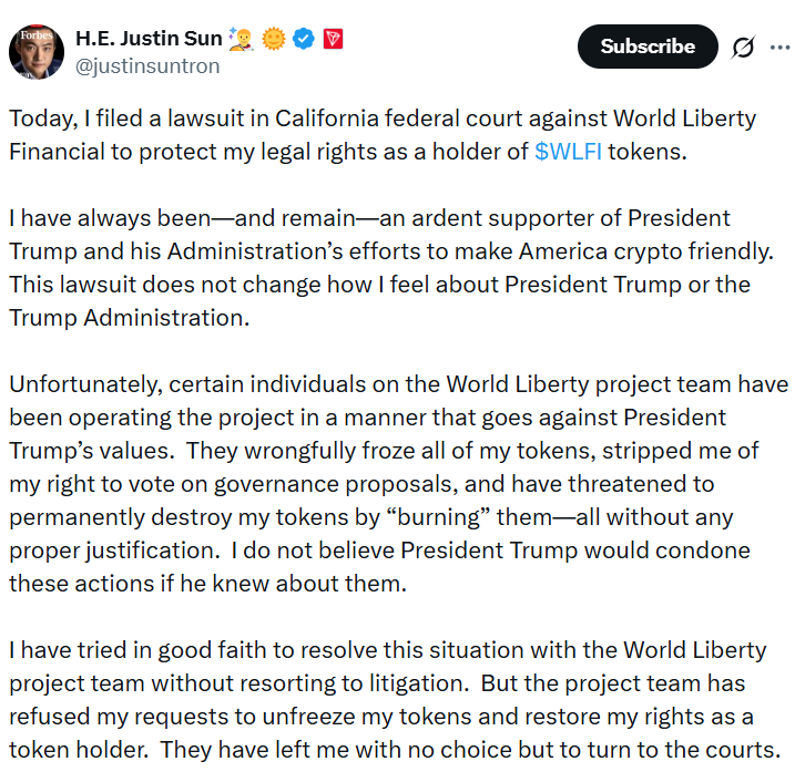 Justin Sun sues World Liberty Financial over token lockup