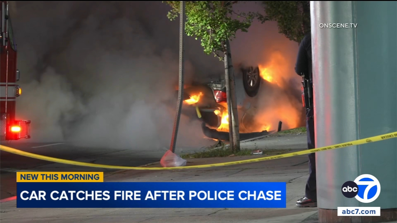 Car flips, erupts in flames at end of LAPD chase