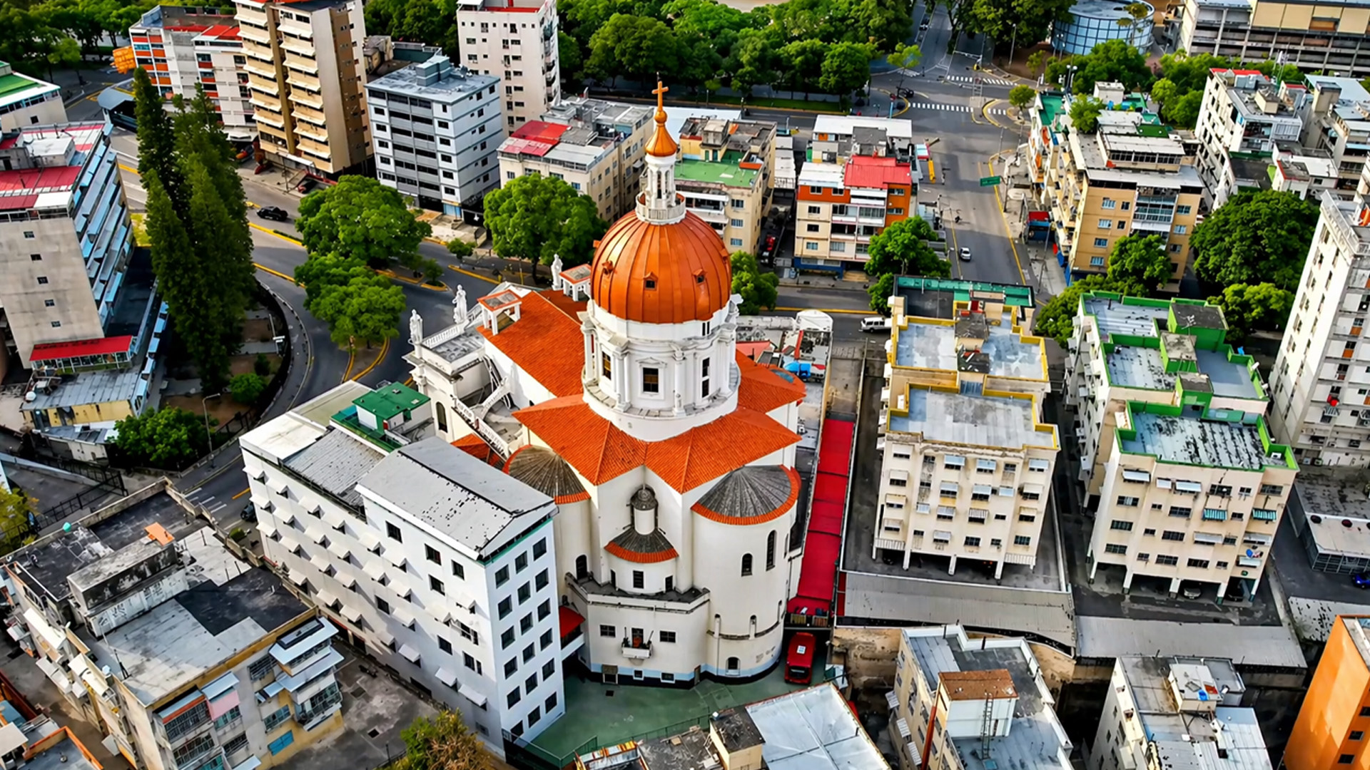 A historic cathedral standing among modern skyscrapers