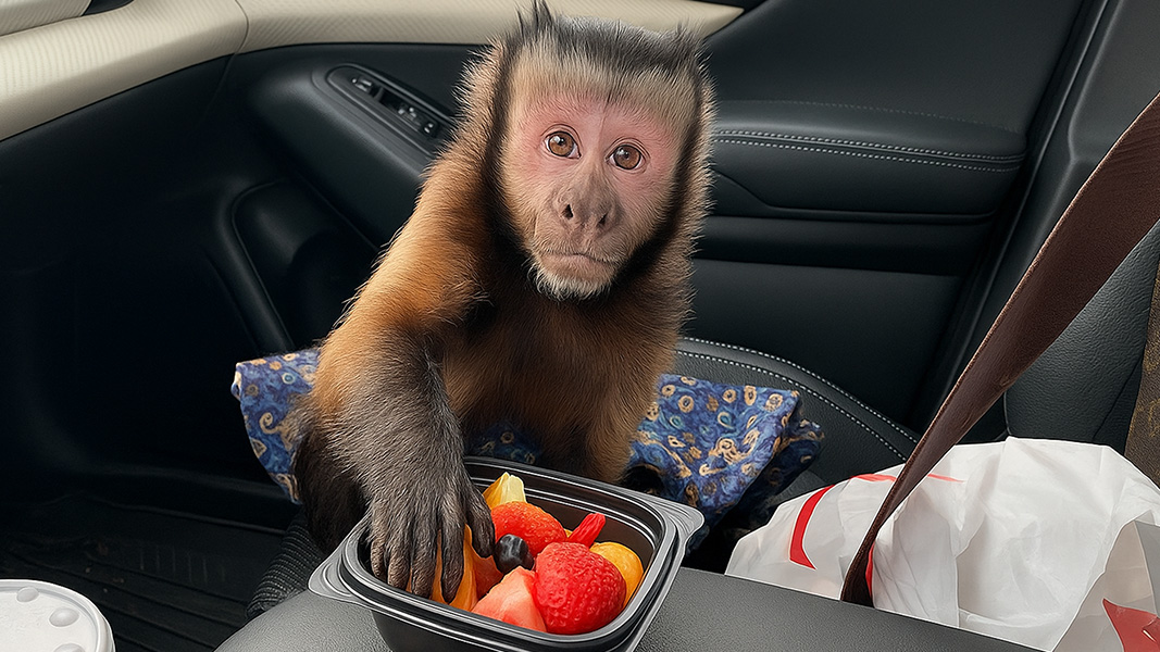 Curious monkey reaches for fresh fruit