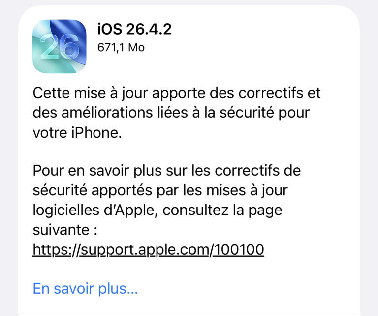 iOS et iPadOS 26.4.2 sont disponibles
