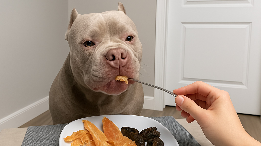 Hond proeft eten van een lepel