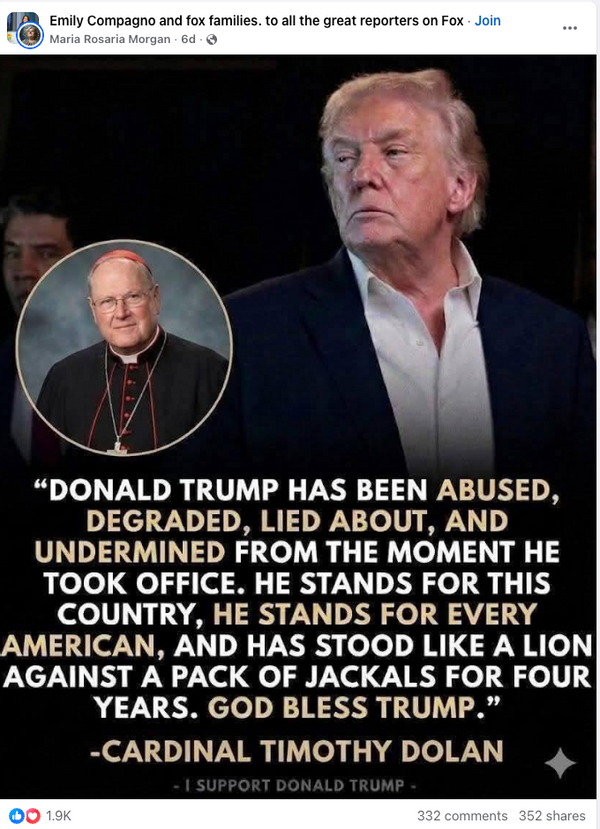 Did Cardinal Dolan defend Trump, saying he 'stands for every American'?