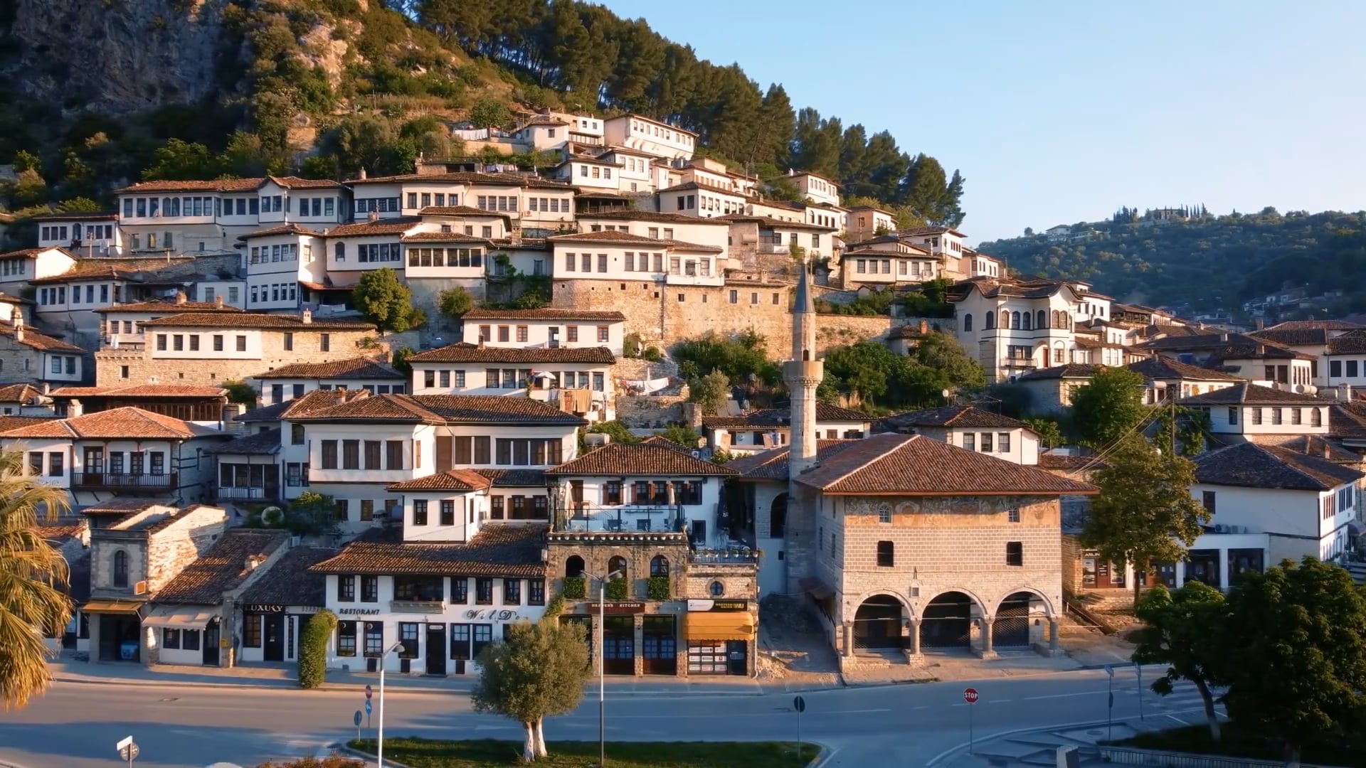 Berat: Drone views of Albania's 'town of one window above the other'