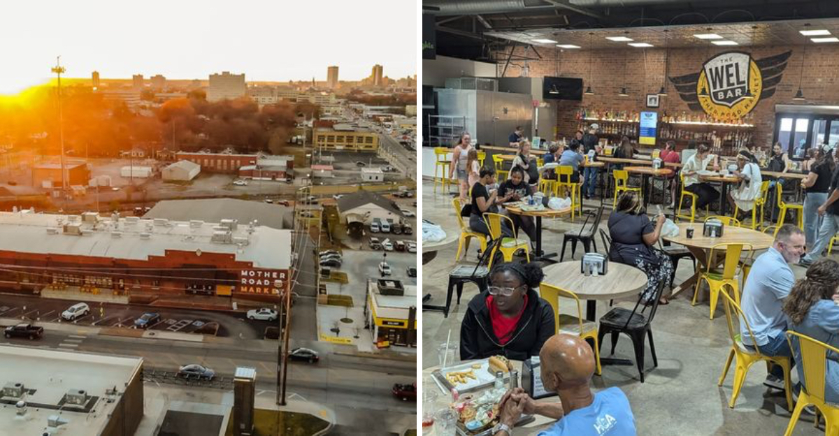 A massive indoor food hall inside a historic Route 66 warehouse in ...