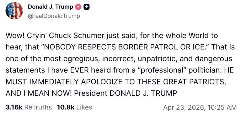 Trump demands apology from ‘Cryin’ Chuck’ Schumer over ICE remarks ...