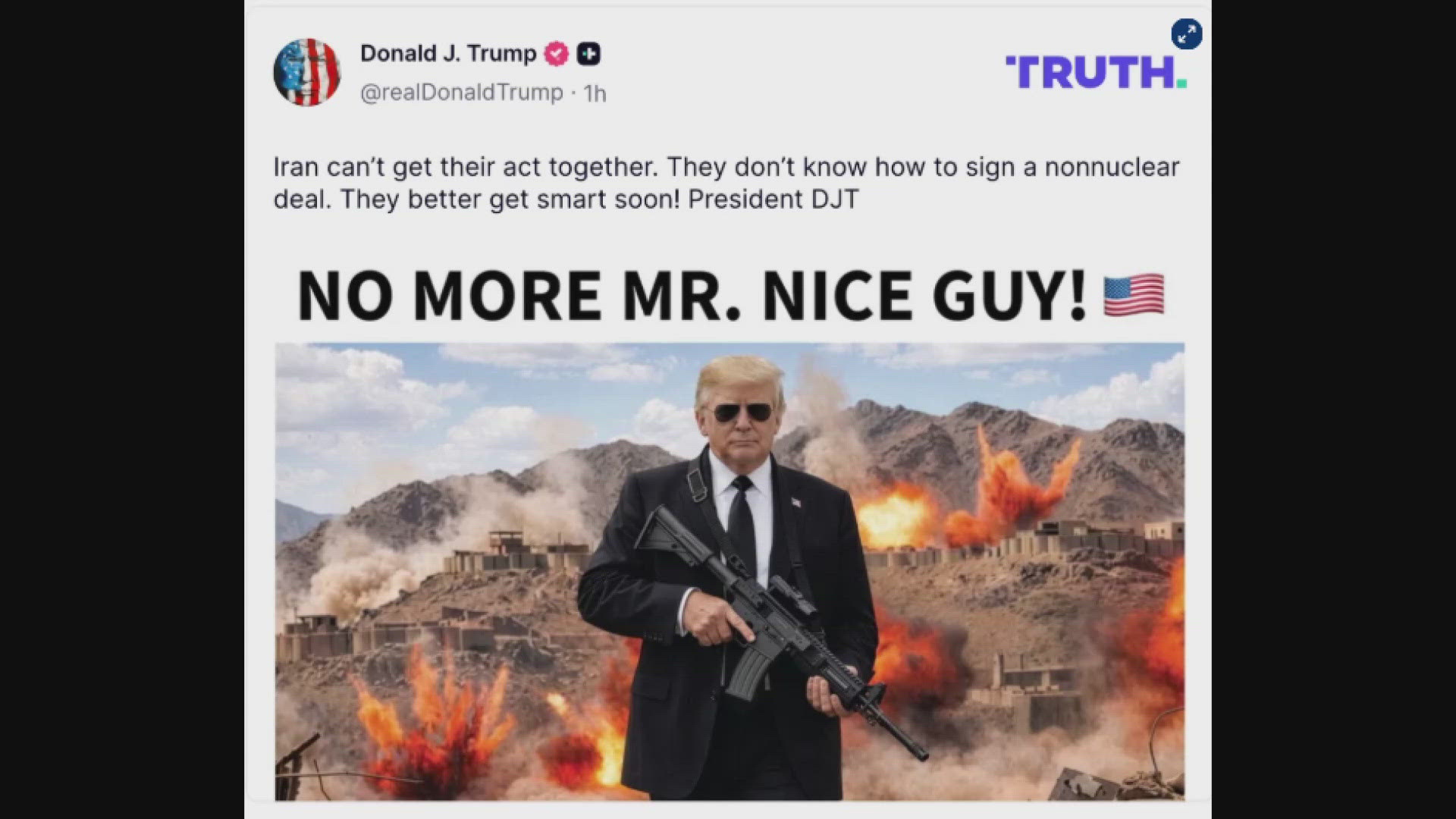 Trump posts AI image threatening "no more Mr. Nice Guy"