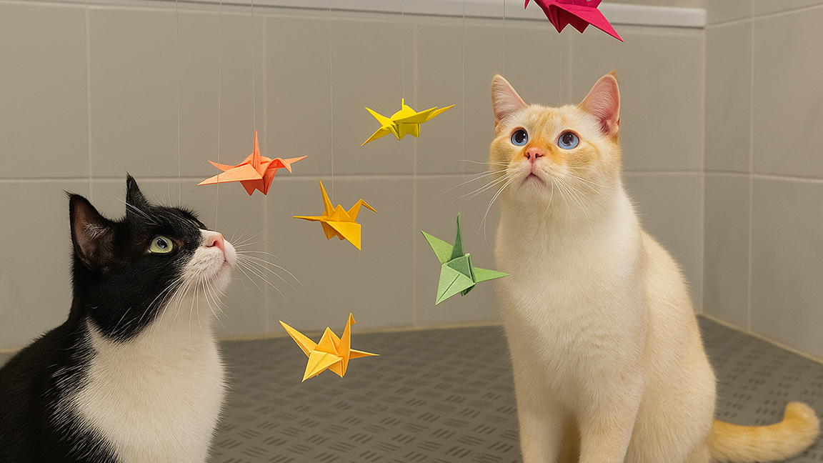 Curious cats watch colorful origami