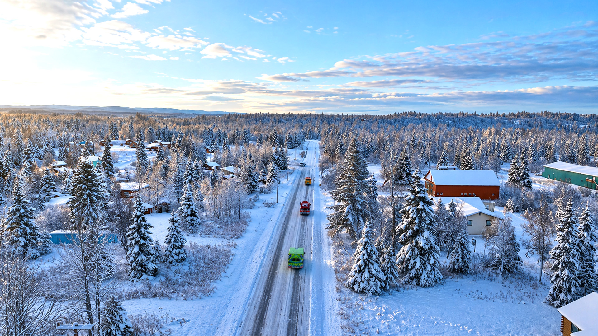 A snowy road cutting through Alaska’s frozen wilderness