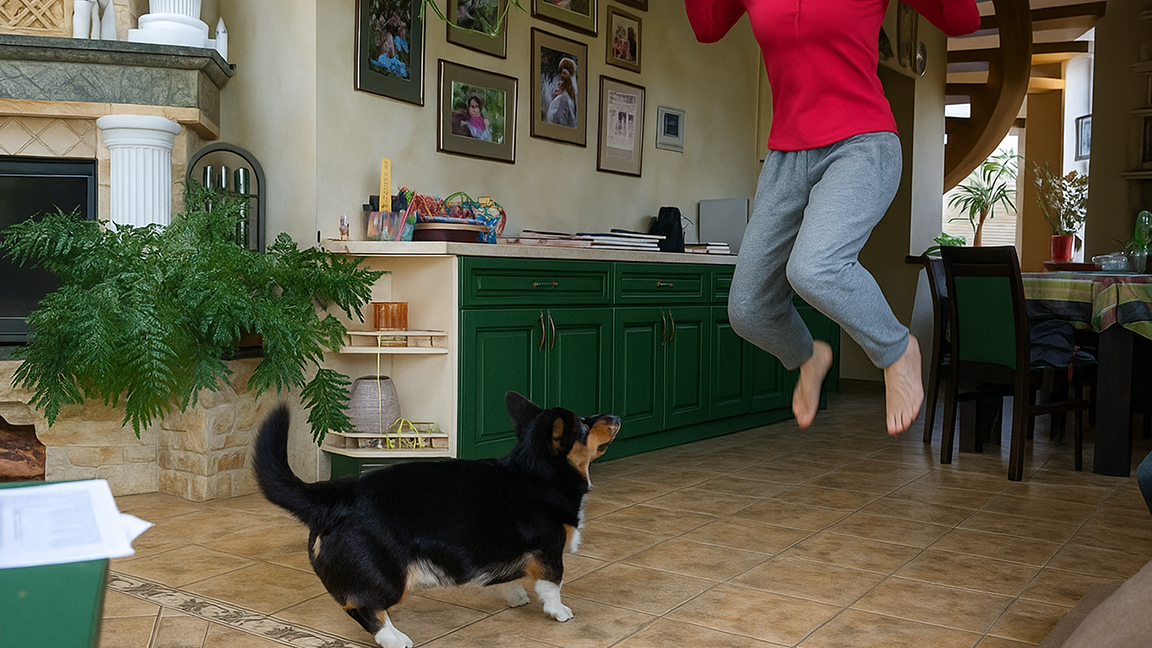 Playful jump with an excited dog