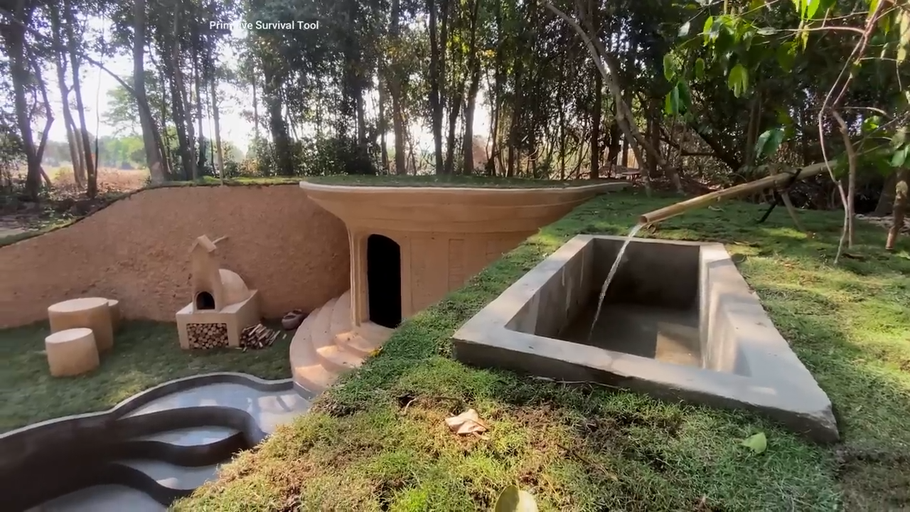 Watch two men build a safe underground shelter with a grass roof