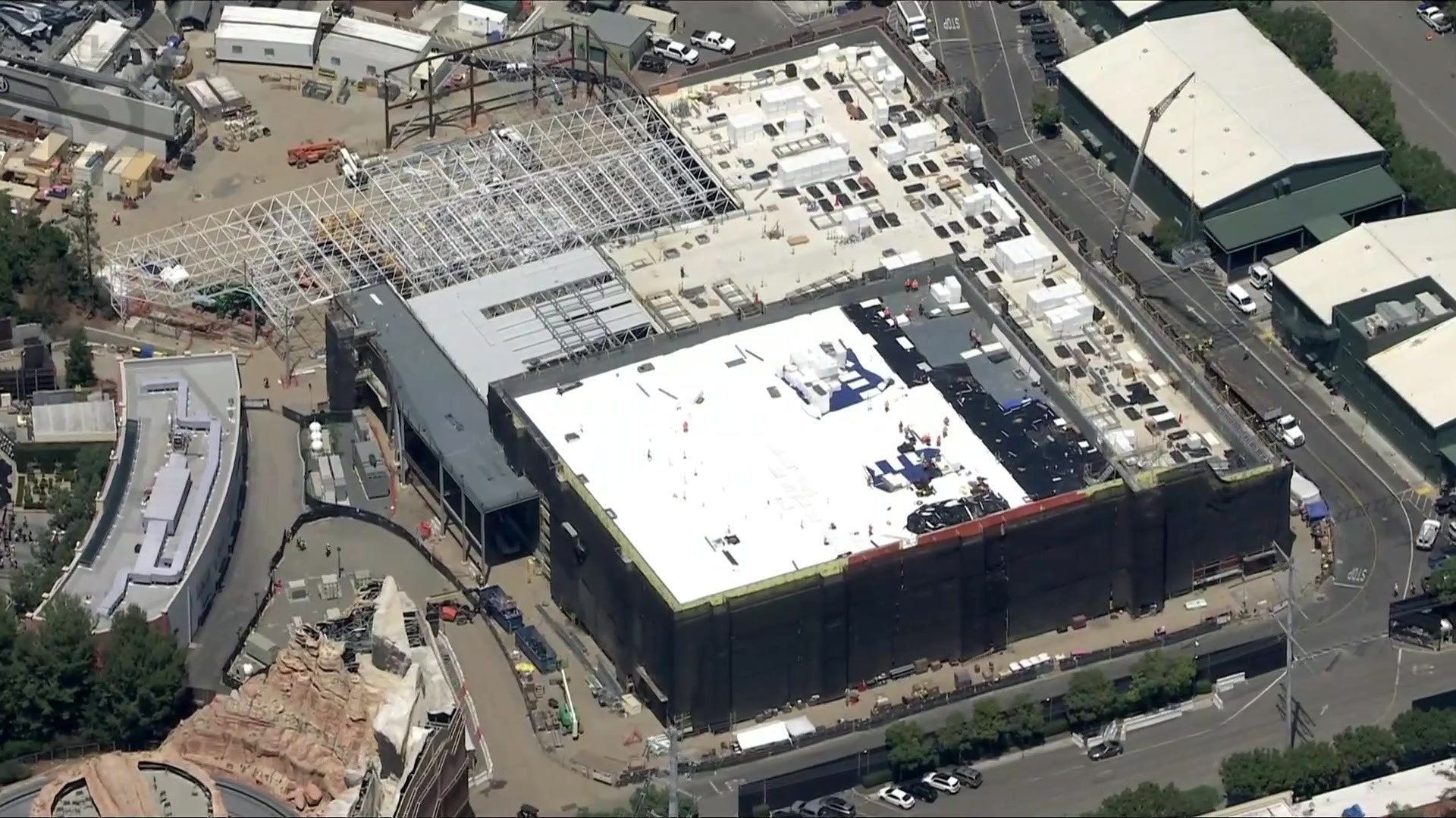 Aerial view of Stark Flight Lab construction at Disney California Aventure