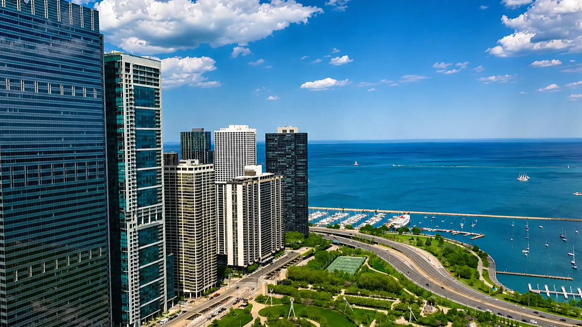 Modern architecture along coastal highway and harbor