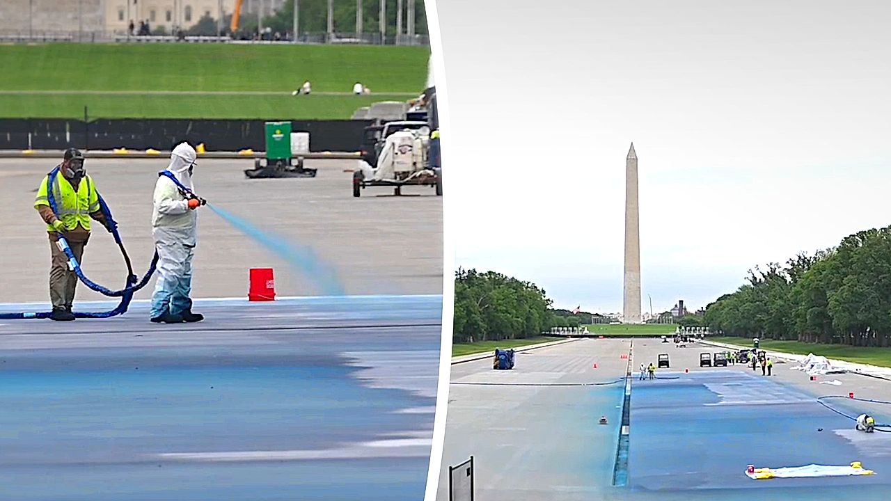 Workers spray blue coating on Lincoln Memorial Reflecting Pool's basin
