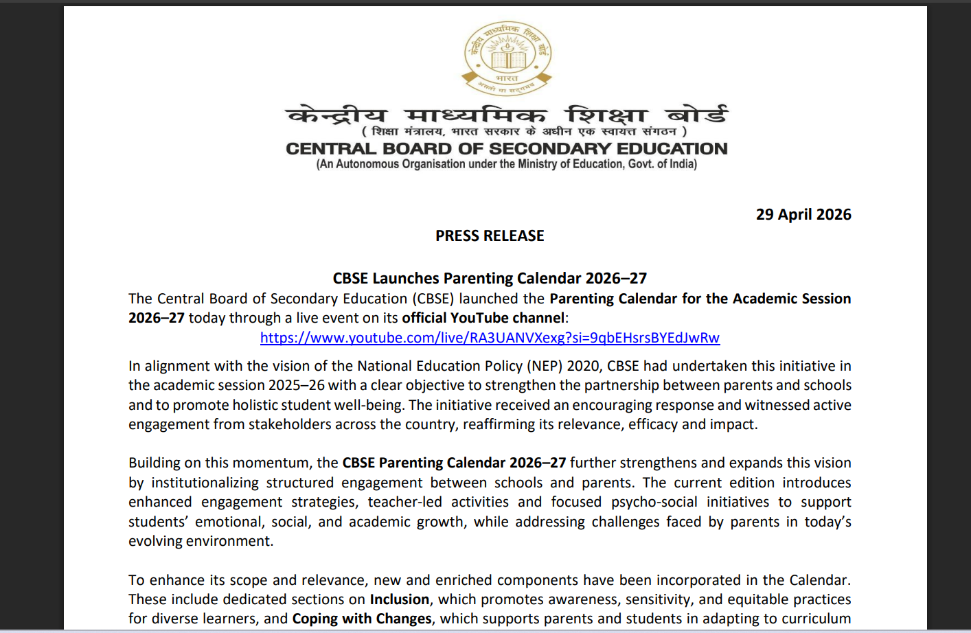 CBSE rolls out parenting calendar 2026–27 to institutionalise parent ...