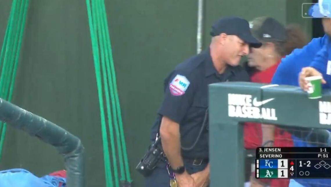 An EMT was hit in an unfortunate spot on liner off bat of Royals ...