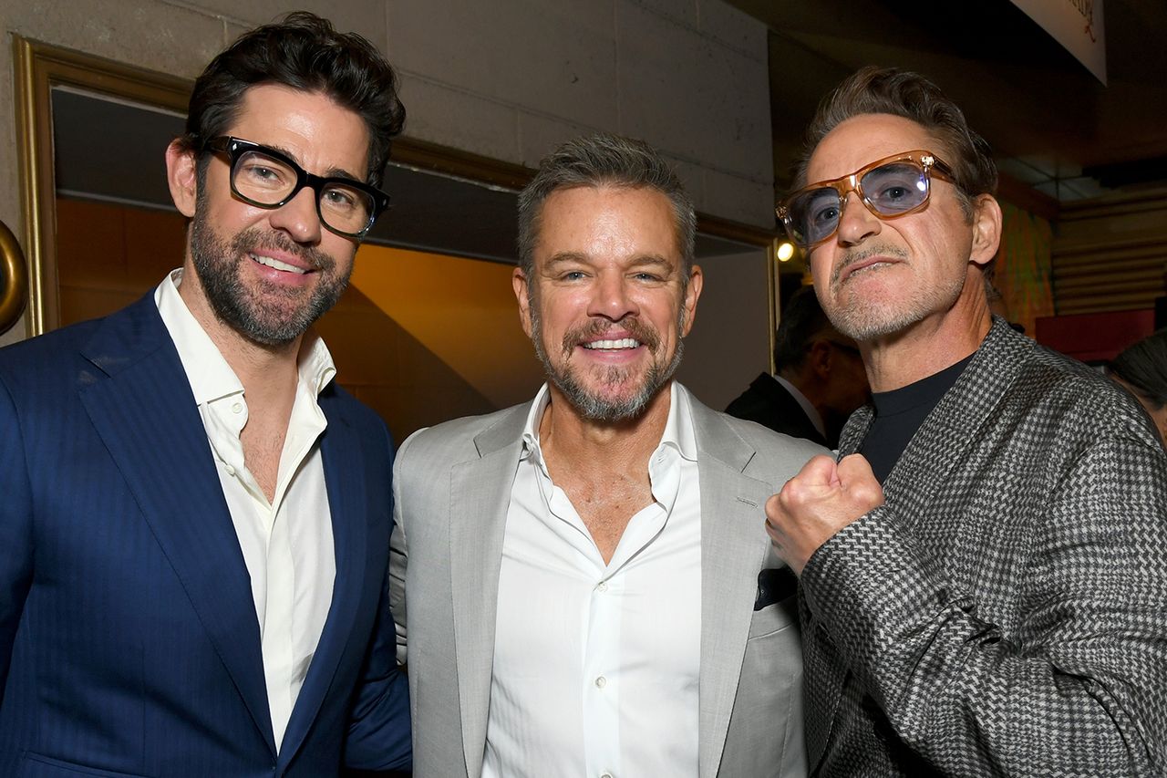 Matt Damon and Dwayne Johnson celebrate Emily Blunt and Stanley Tucci ...