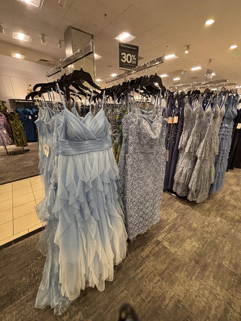 Prom 2026 gowns trend toward purple, blues, ruffles and sequins
