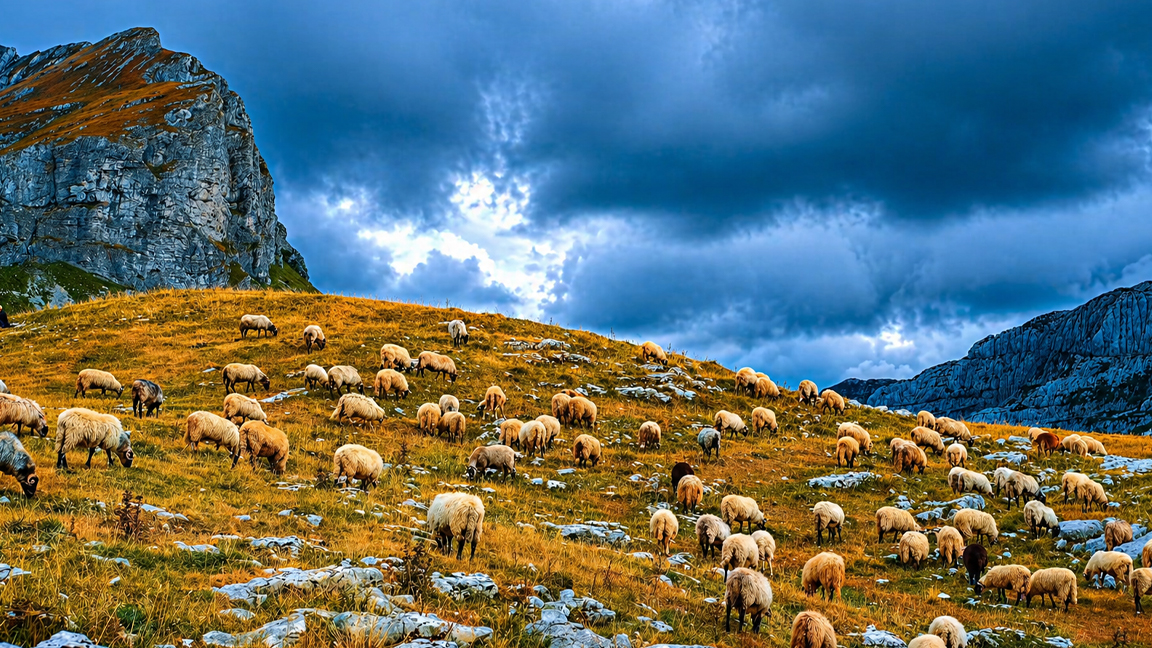 Flock of sheep grazing on mountain hillside under dramatic sky