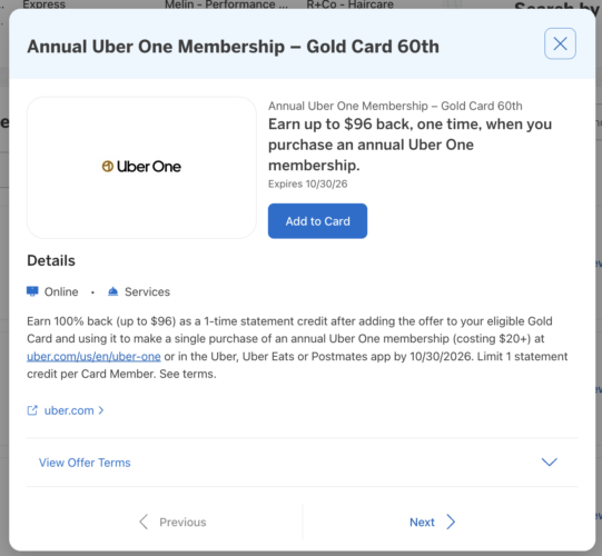 Amex Gold Card adds a limited-time Uber One membership credit