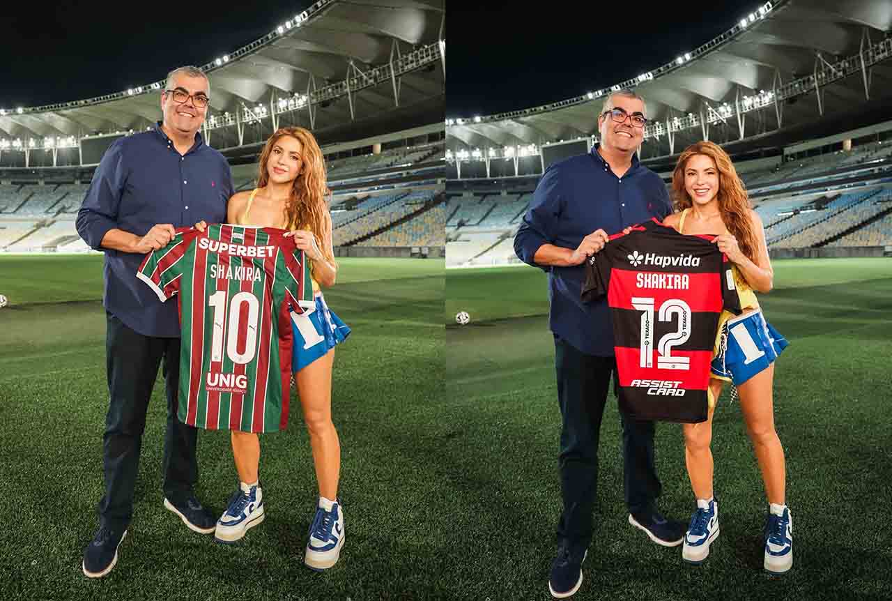 Shakira visita Maracanã e posa com camisa de Flamengo e Fluminense
