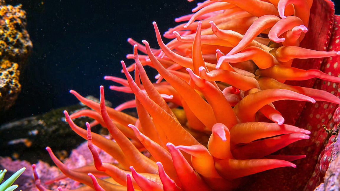 Colorful sea anemone with flowing tentacles underwater