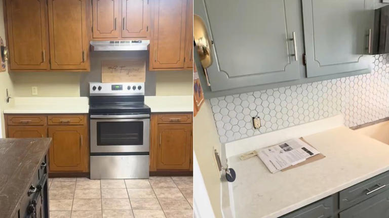 The same '80s style cabinets look brand new after a backsplash redo