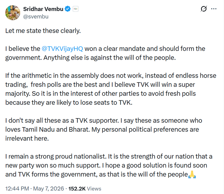 'TVK won a clear mandate, anything else is...': Zoho's Sridhar Vembu ...