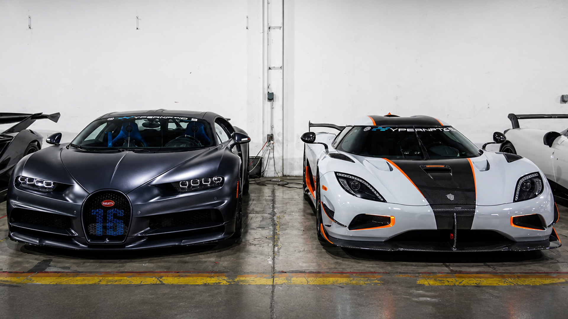 Bugatti Chiron and Koenigsegg hypercars at luxury car collection