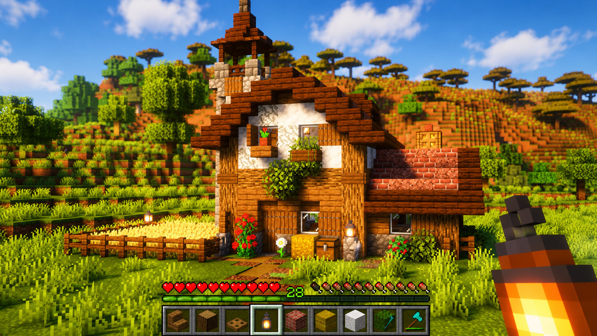 Minecraft farmhouse build with simple survival features
