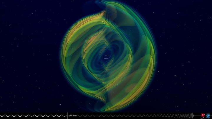 Gravitational waves produced by the merger of black holes depicted in ...