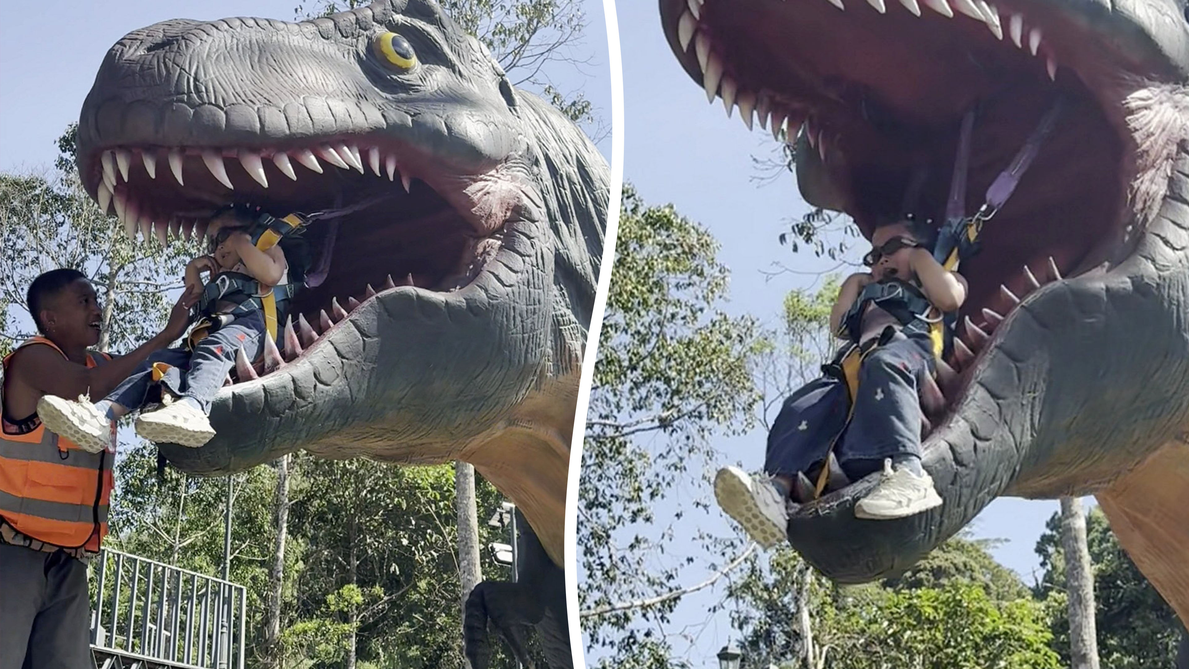 Moment girl thinks she’s being eaten on bizarre dinosaur ride