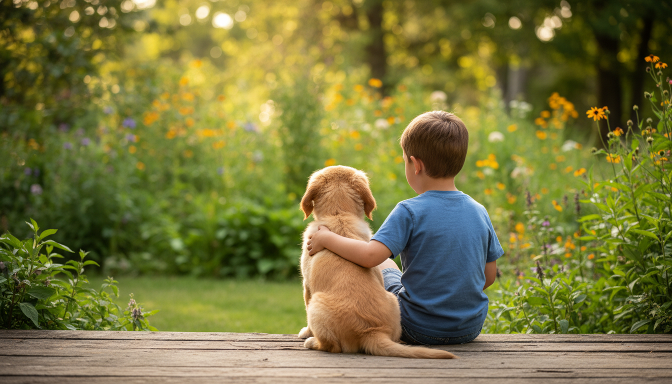 Golden retriever puppy has a magical hummingbird watching ritual