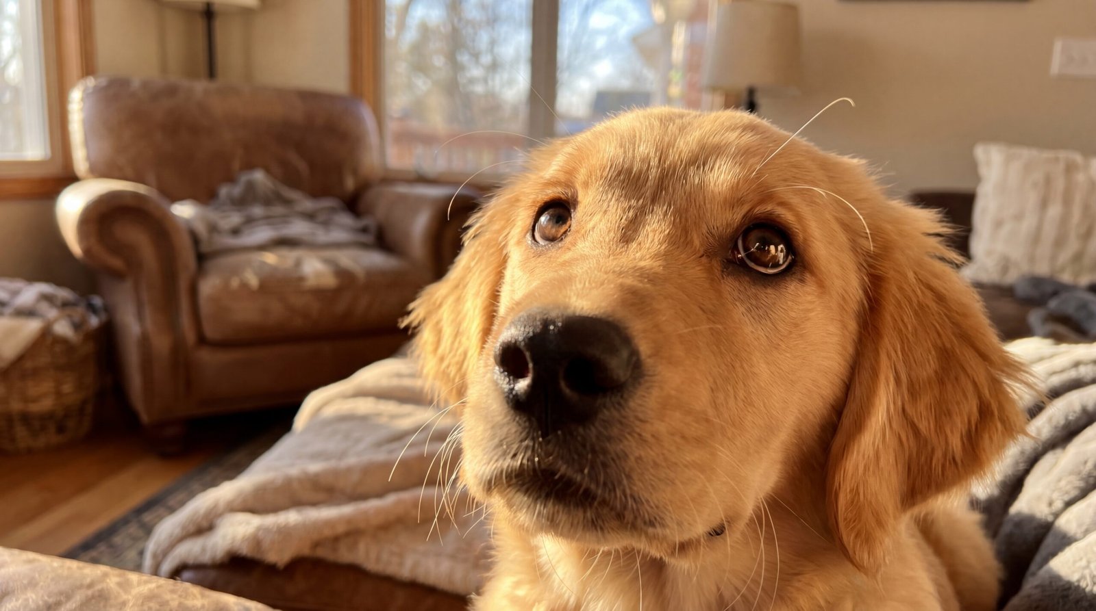 Golden retriever puppy has a magical hummingbird watching ritual