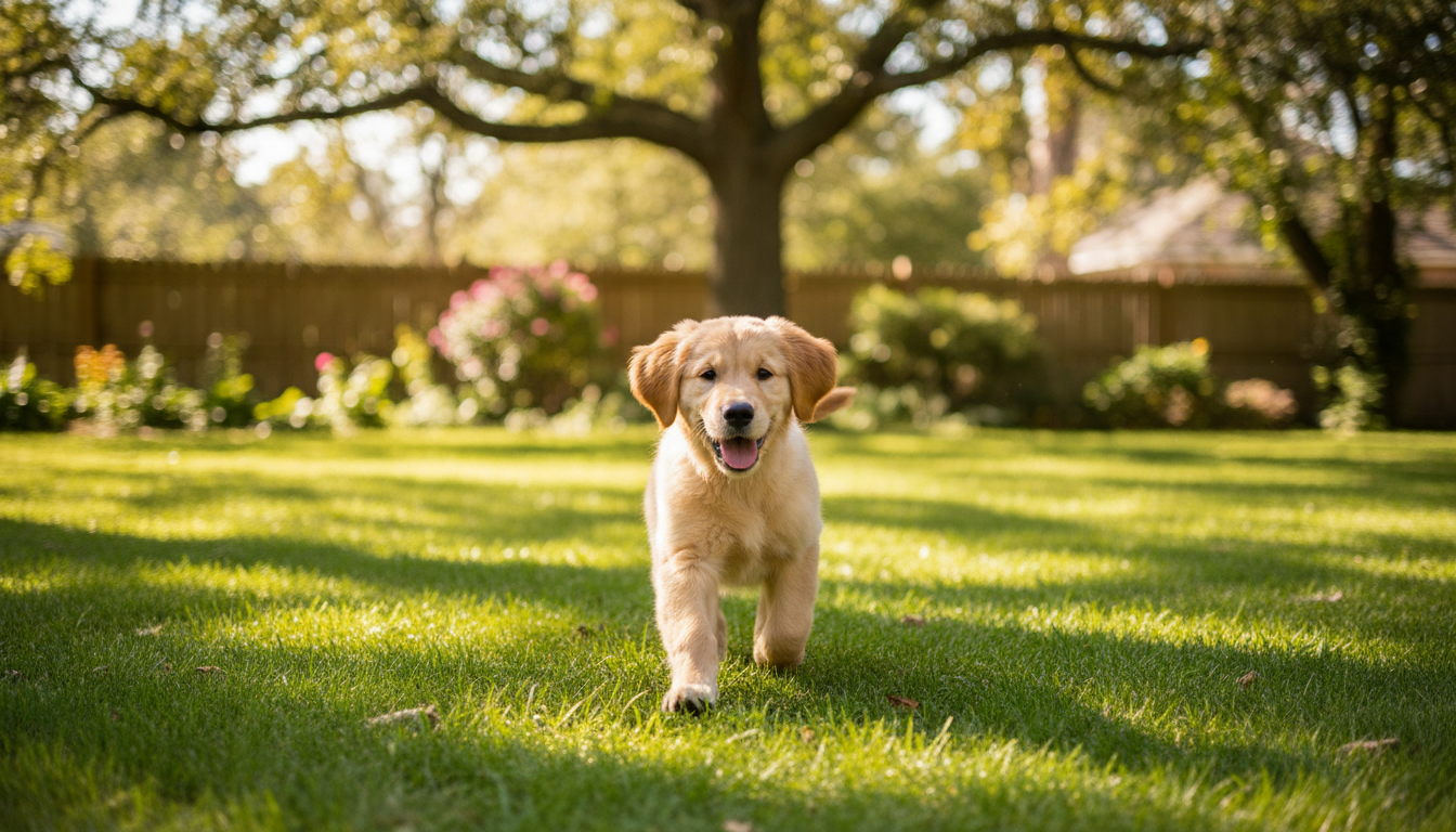 Golden retriever puppy has a magical hummingbird watching ritual