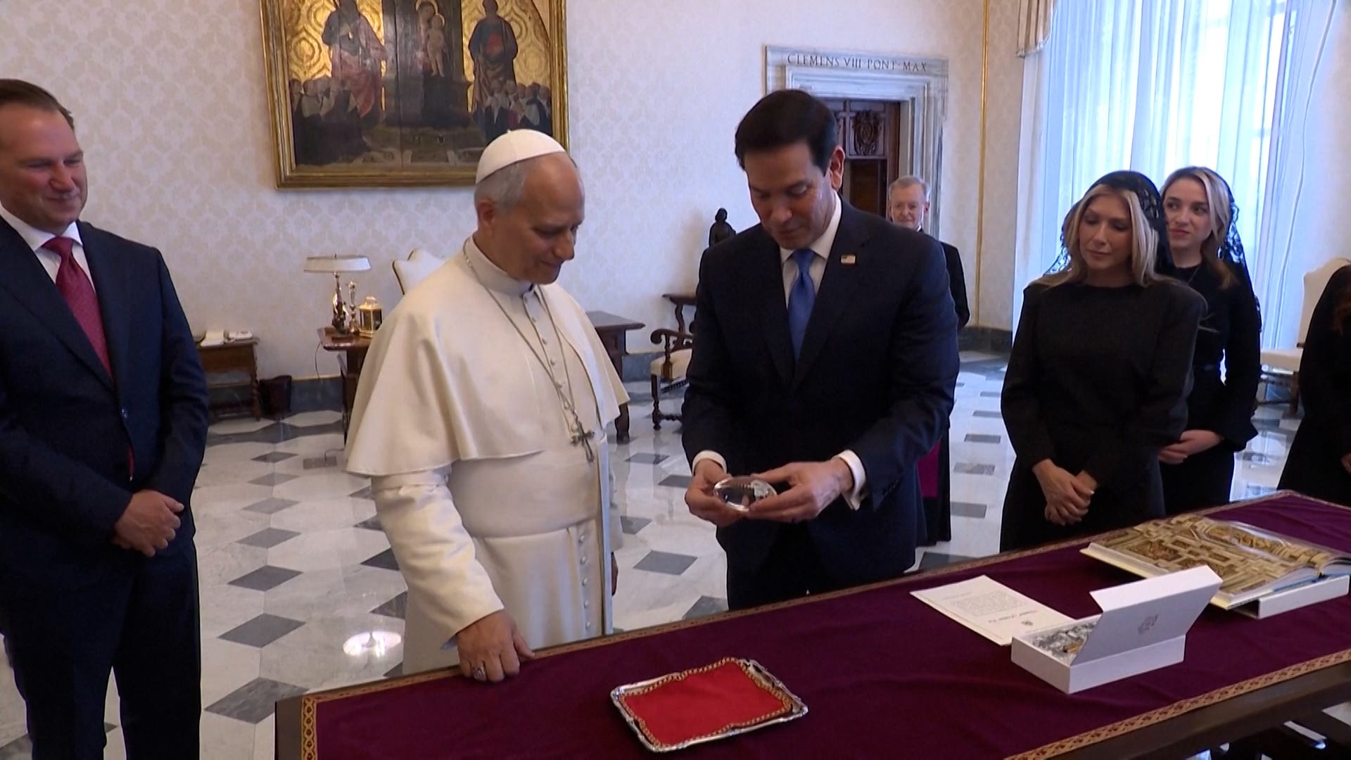 Watch Marco Rubio gift Pope Leo a crystal football amid Vatican visit
